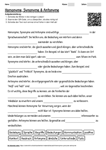Arbeitsblatt mit QR-Code zum Thema "Homonyme, Synonyme & Antonyme" | Unterricht.Schule